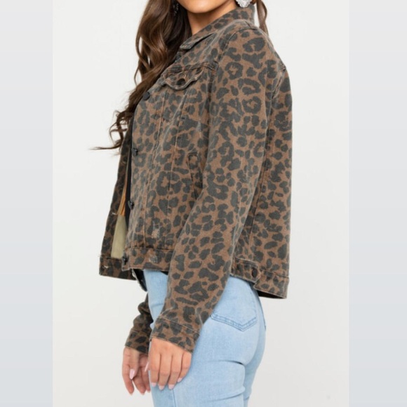 Elan | Jackets & Coats | Elan Leopard Print Jean Jacket Brown Black ...